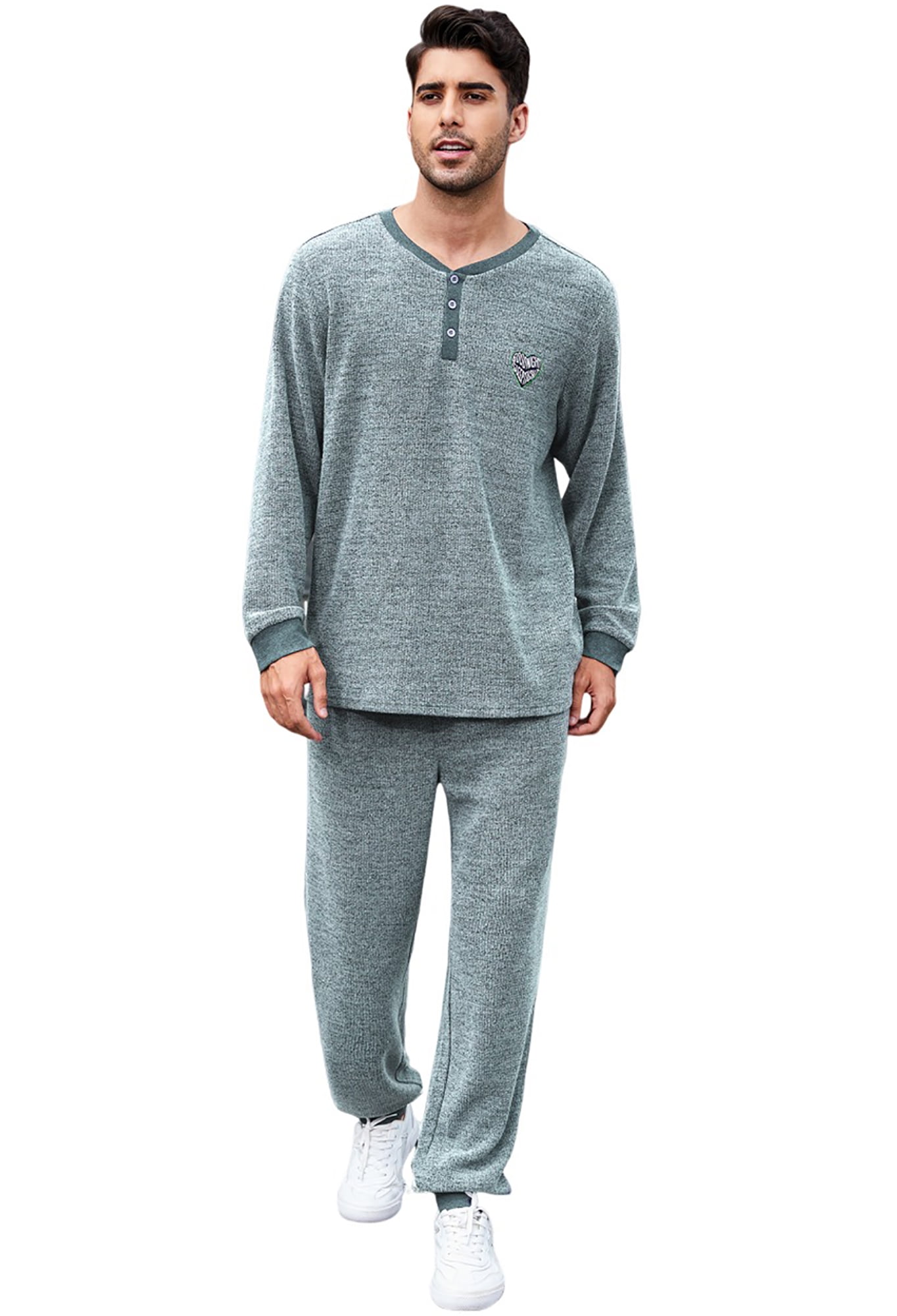 Vulcanodon Mens Pajama Set, Long Sleeve Henley Collar Loungewear for ...