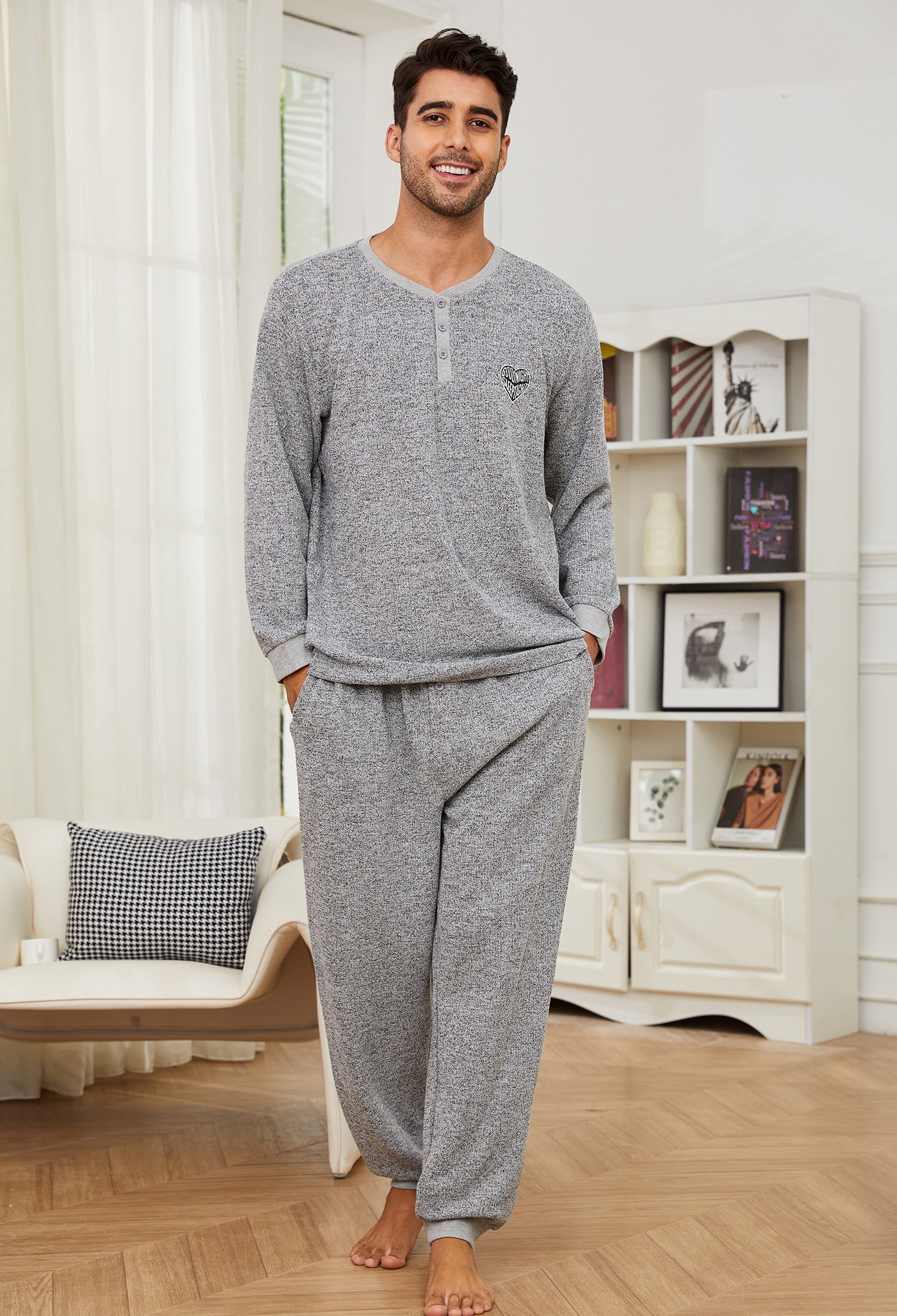 Vulcanodon Mens Pajama Set, Long Sleeve Henley Collar Loungewear for ...