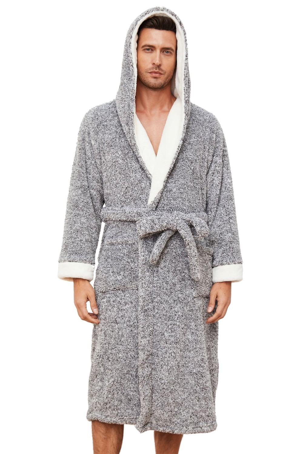 Vulcanodon Mens Plush Hooded Robe, Soft Fluffy Mens Fleece Robe Long Warm Men Bathrobes（Black ...