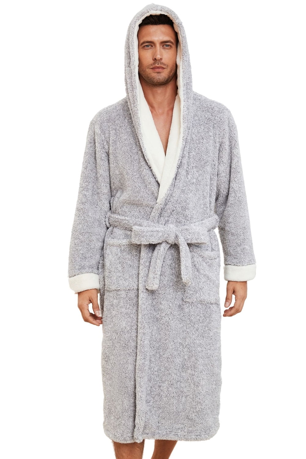 Vulcanodon Mens Plush Hooded Robe, Soft Fluffy Mens Fleece Robe Long Warm Men Bathrobes（Light ...