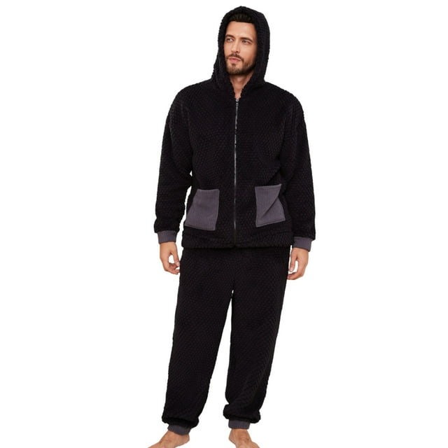 Vulcanodon Mens Plush Hooded Zipper Pajama Set, Soft Warm Long Sleeve ...