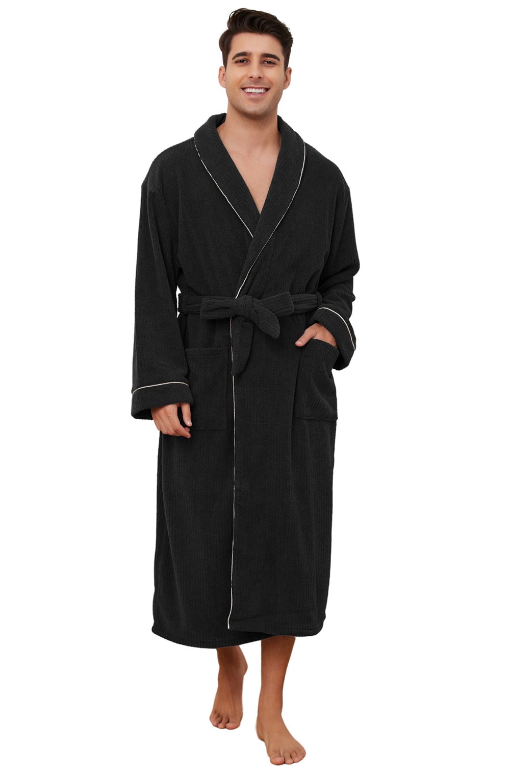 Vulcanodon Mens Shawl Collar Fleece Bathrobe, Soft Warm Long Sleeve ...