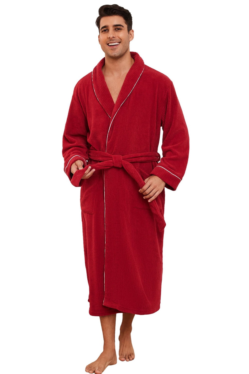 Vulcanodon Mens Shawl Collar Fleece Bathrobe, Soft Warm Long Sleeve ...