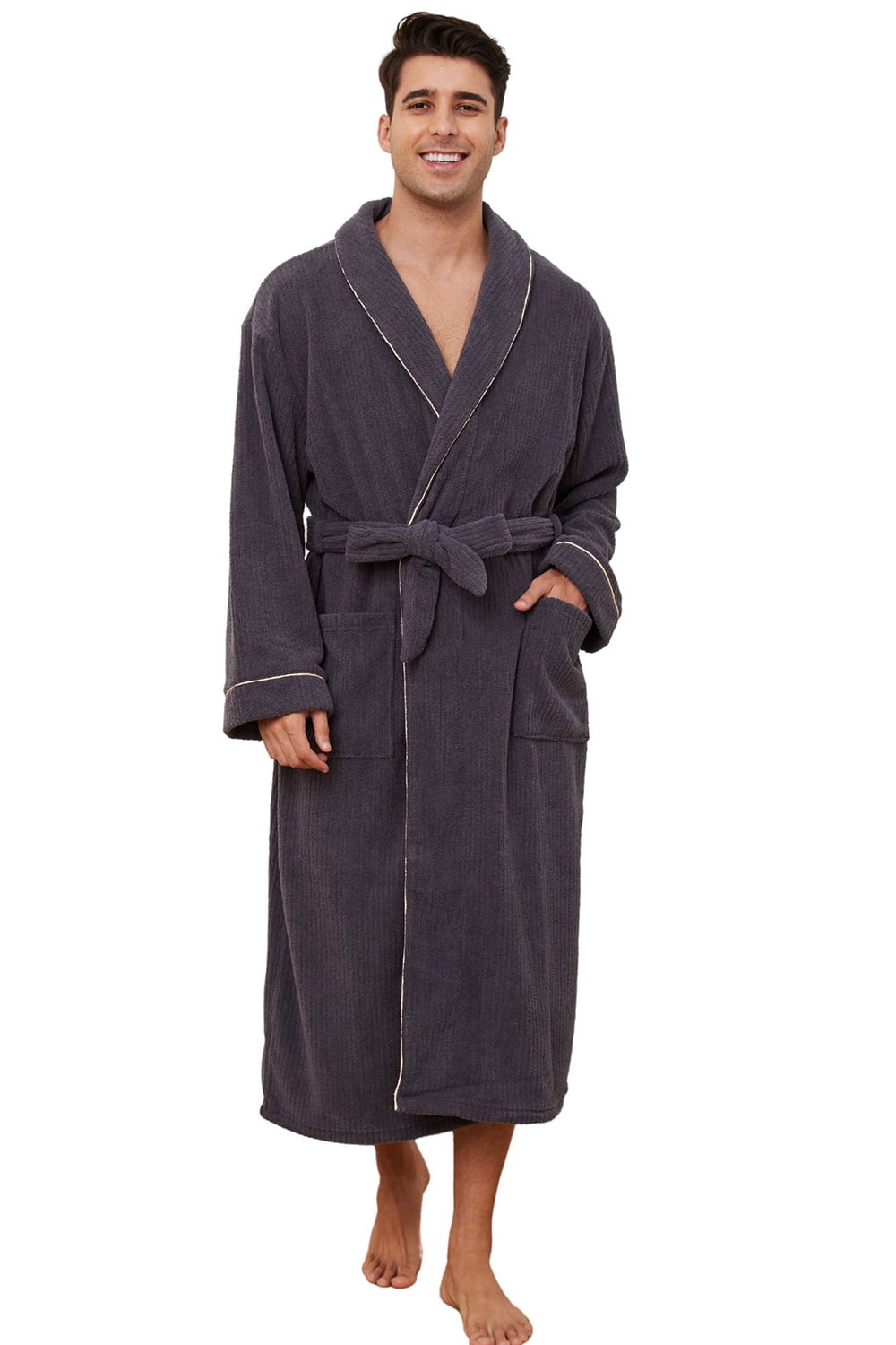 Vulcanodon Mens Shawl Collar Fleece Bathrobe, Soft Warm Long Sleeve ...