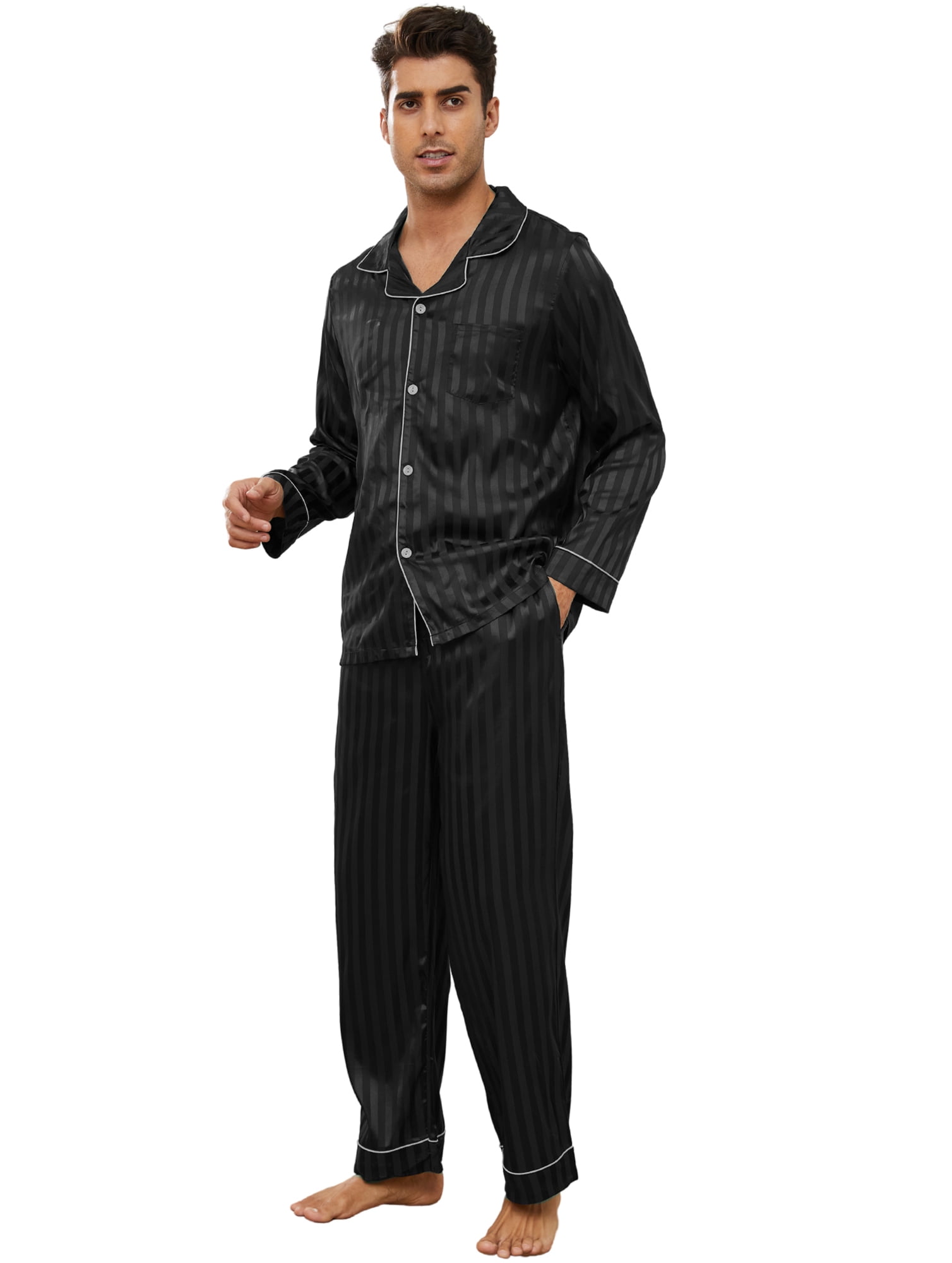 Vulcanodon Mens Silk Pajamas Set, Long Sleeve Satin Striped Button Down ...