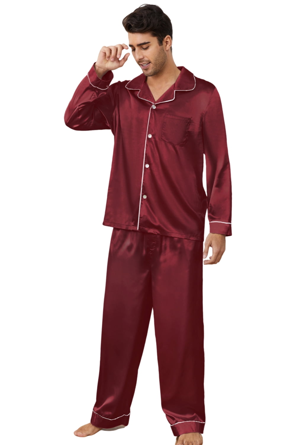 Vulcanodon Mens Silk Pajamas Set, Long Sleeve Satin Pajamas for Men ...