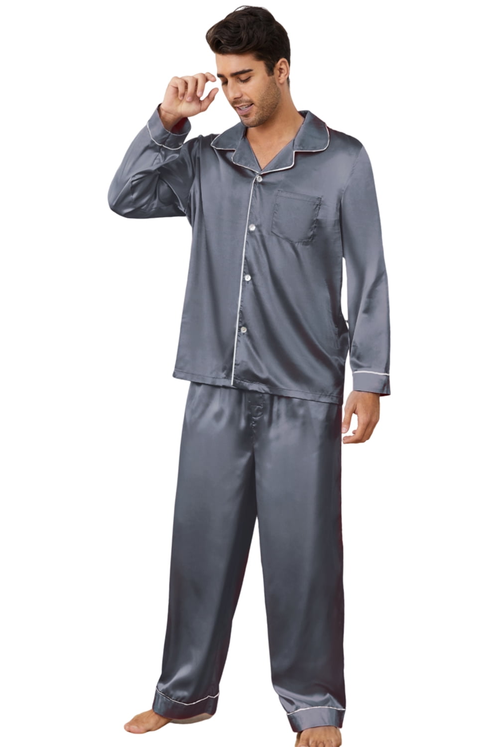 Vulcanodon Mens Silk Pajamas Set, Long Sleeve Satin Pajamas for Men ...