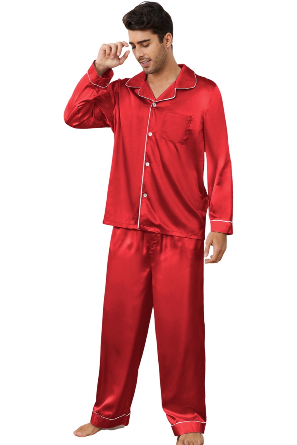 Vulcanodon Mens Silk Pajamas Set, Long Sleeve Satin Pajamas for Men ...