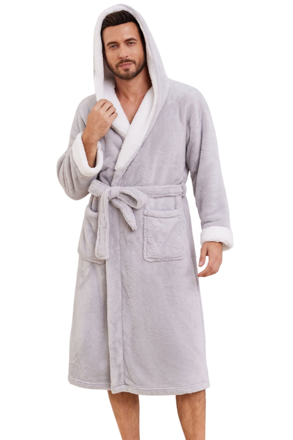 Vulcanodon Mens Ultra Soft Plush Bathrobe with Hood, Warm Fleece Robe ...