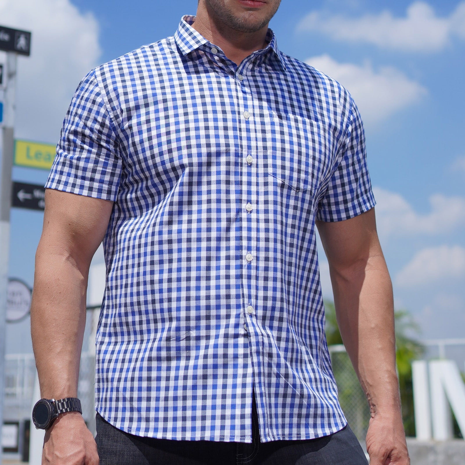 Vunhao Mens Button Up Shirts, Casual Plaid Short Sleeve Cotton with ...