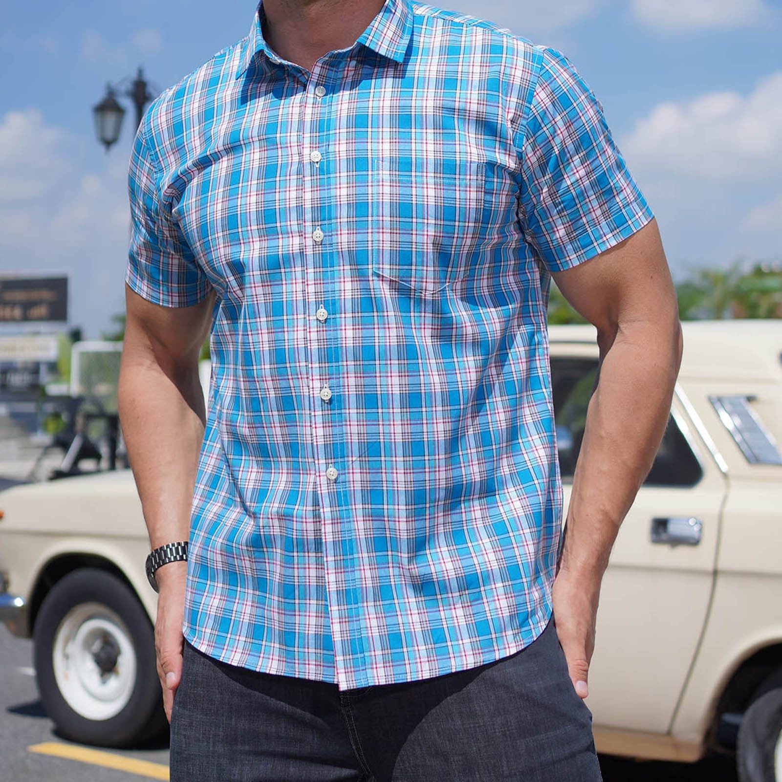 Vunhao Mens Button Up Shirts, Plaid Short Sleeve Casual Cotton with ...