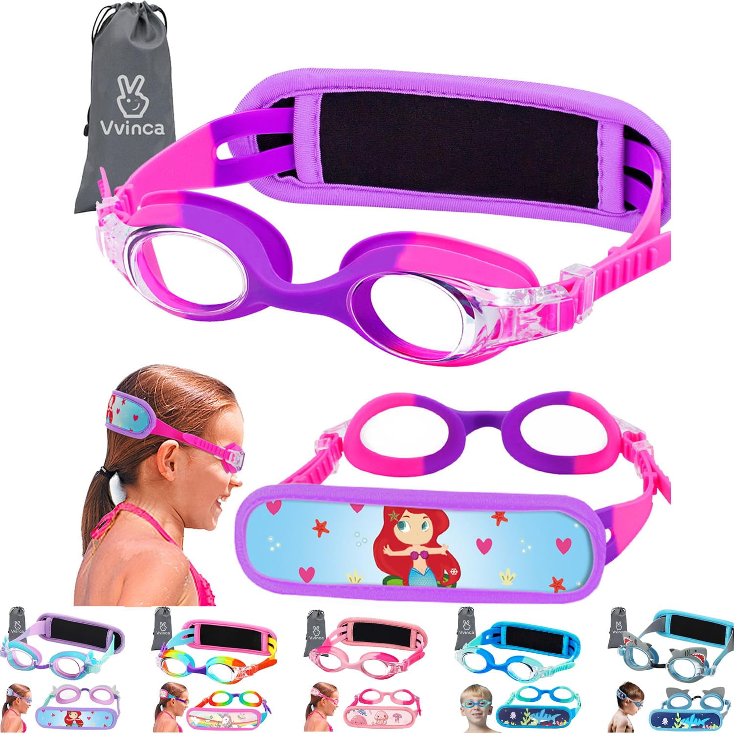 Vvinca Kids Swim Goggles for Age 2-8, Toddler-Goggles with Fabric Strap ...