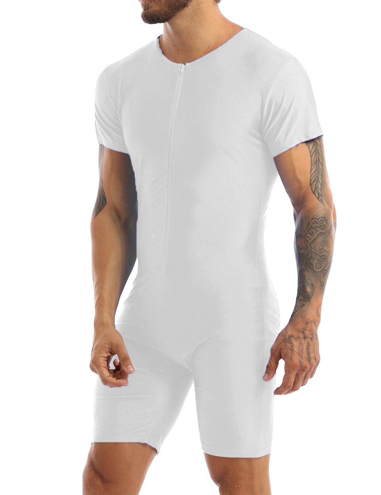 Vxuxlje Men's Spandex Stretch Bodysuit Short Sleeve Zipper Front ...