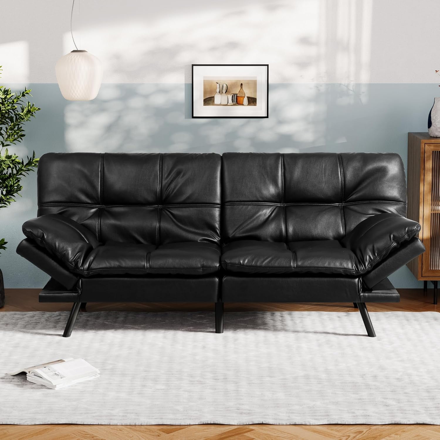 Vyfipt Convertible Futon Sofa Bed, Black Faux Leather Futon Couch with ...