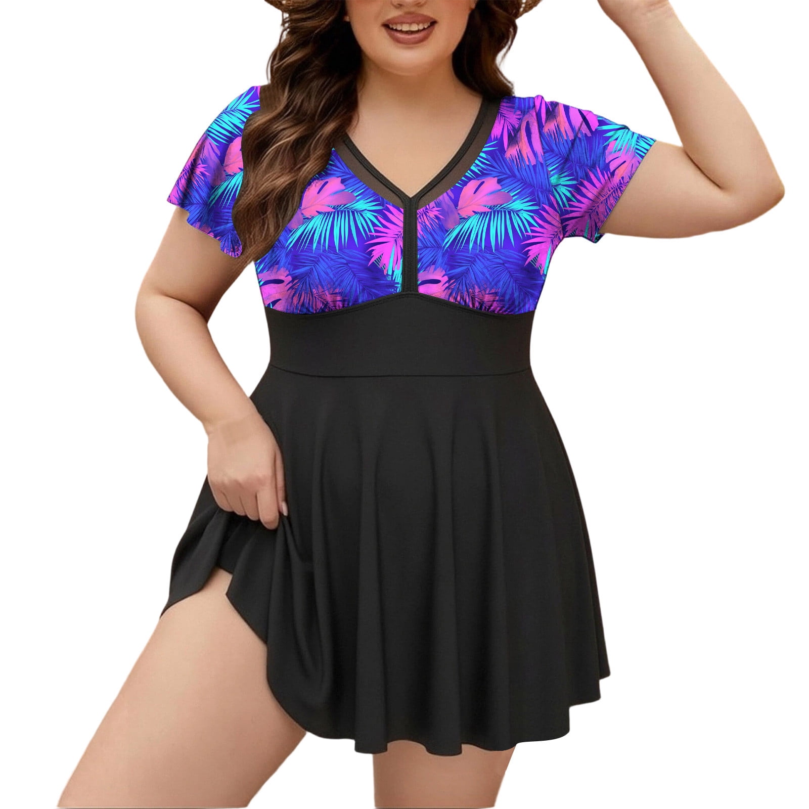 Vynhevius Plus Size Swimdress for Women Tummy Control Two Piece Short ...