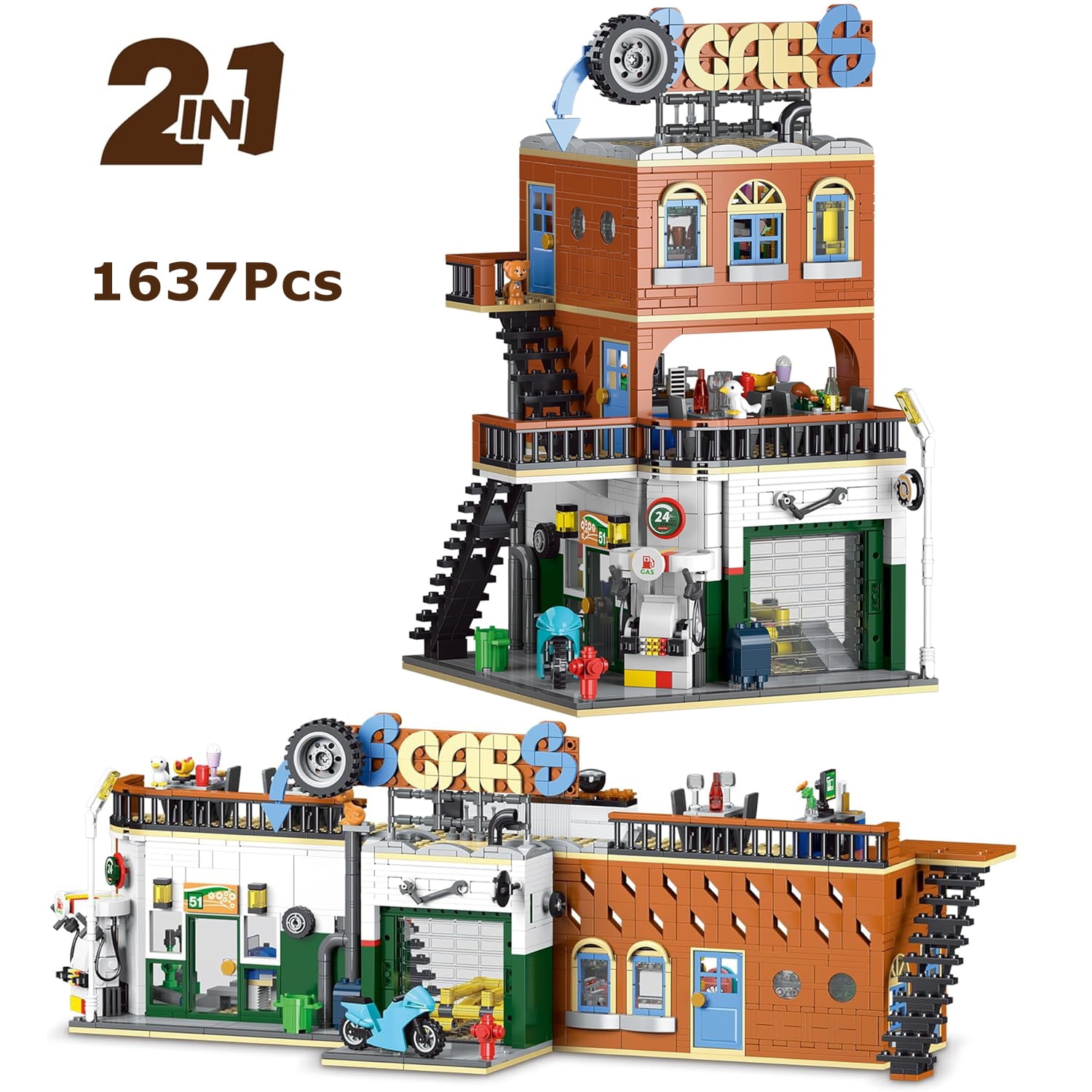 Vyytoz 1637Pcs 2-in-1 Car Repair Shop Building Set with Light, Creative ...
