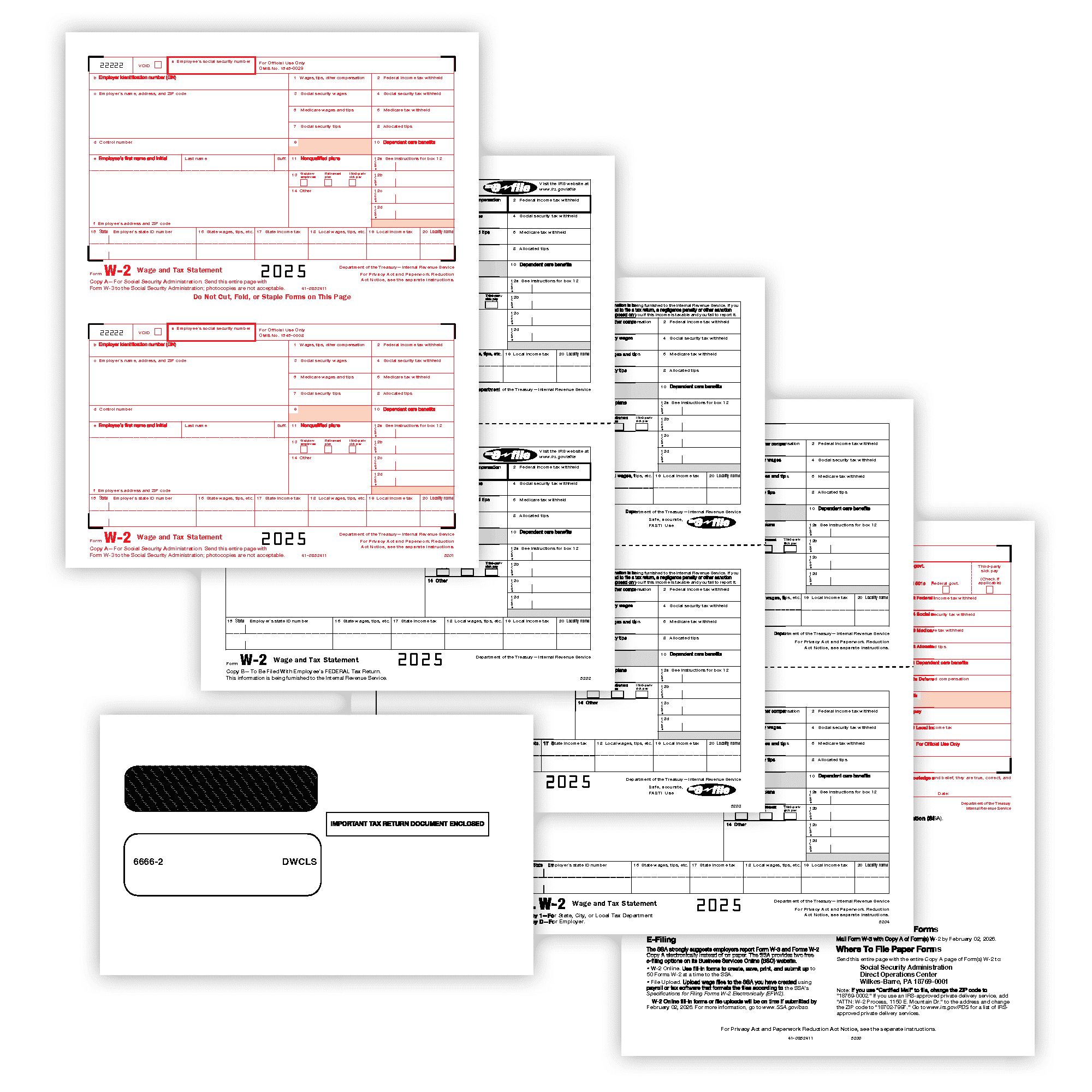 W-2 6-Part Set, 2-Up Tax Forms Copy A, B, C, 2, D, 1 , with Self-Seal ...