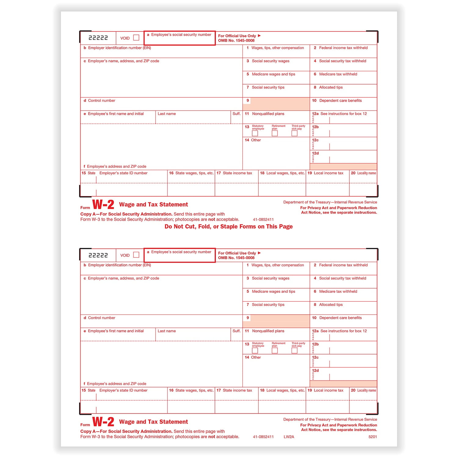 W-2 Federal Copy A, IRS Approved Tax Forms 100/Pk - Walmart.com