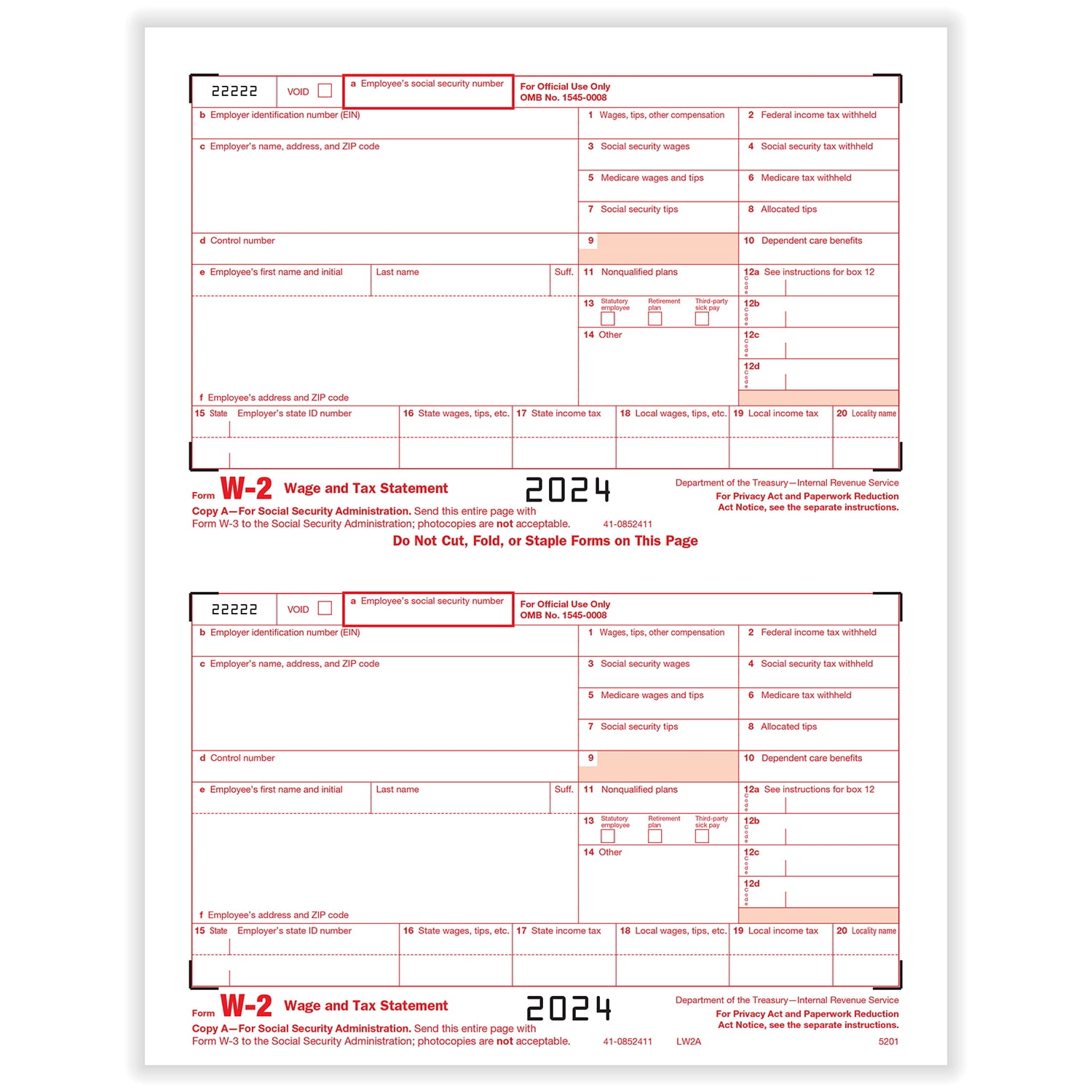 W-2 Federal Copy A, IRS Approved Tax Forms 100/Pk - Walmart.com