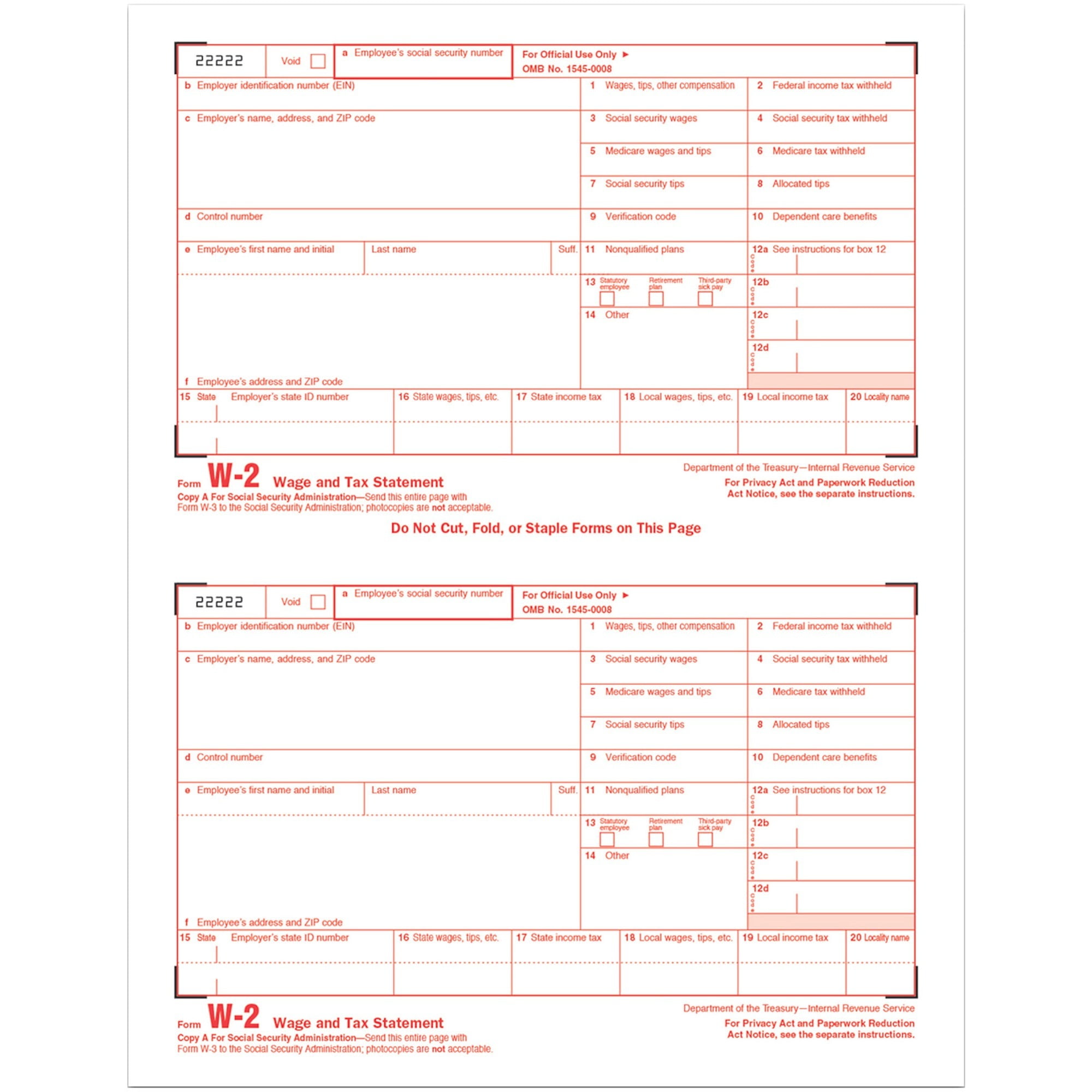 "W-2 Tax Form/envelope Kits, Six-Part Carbonless, 8.5 X 5.5, 2/page ...