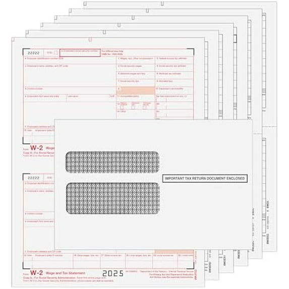 W-2 Tax Forms for 2025 | 6-Part Laser Forms Kit with Envelopes and W-3 ...