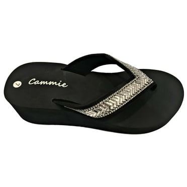 CAMMIE W-328 Women's Black Platform Wedge Rhinestone Bling Slides Flip ...