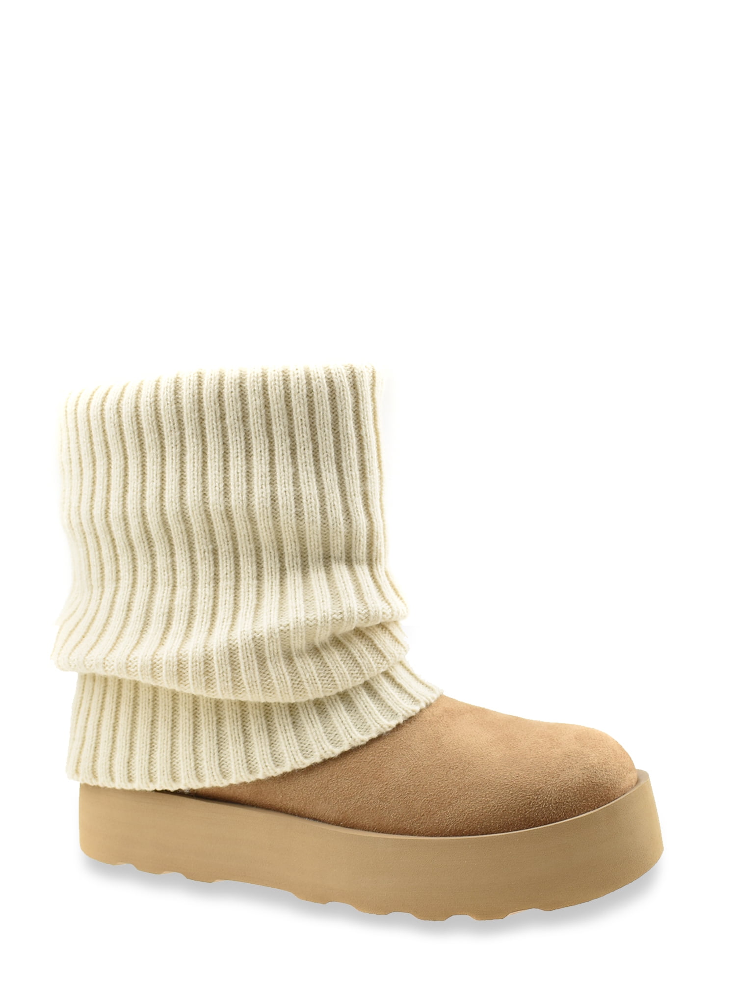 No Boundaries Women's Foldover Sweater Faux Fur Boots - Walmart.com