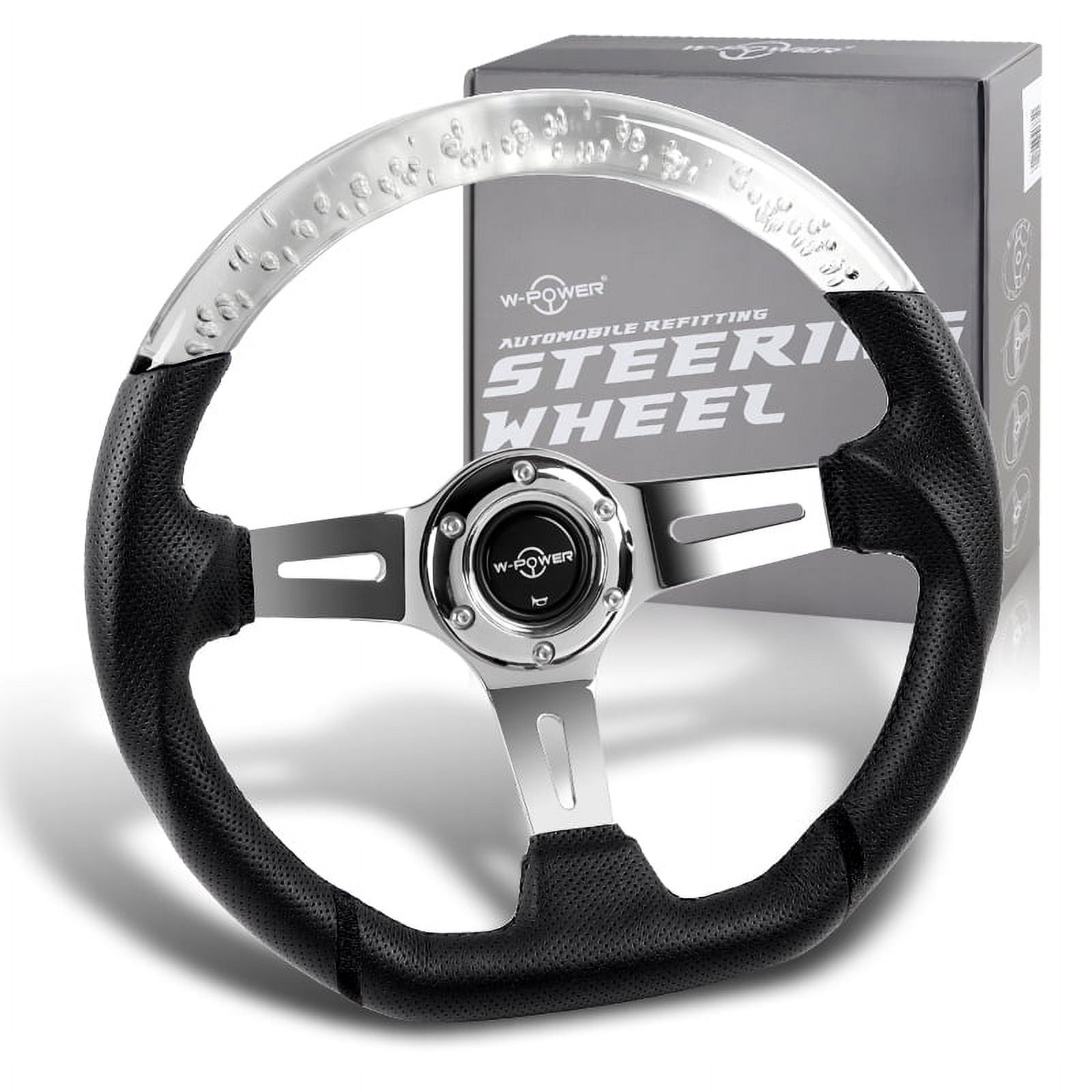 W-Power 13.5" Clear Crystal Bubble/Leather 6-Hole Chrome 3-Spoke ...