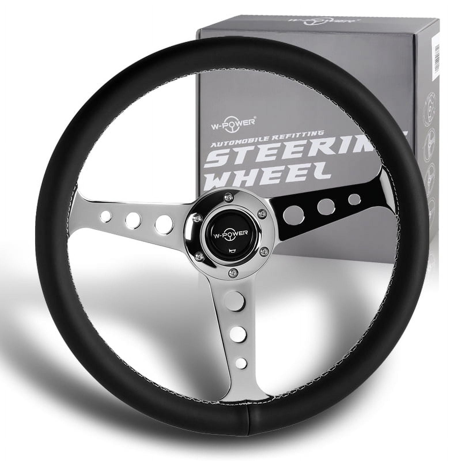 W-Power 14" Black Leather White Stitch 6-Hole Spoke Chrome Center ...