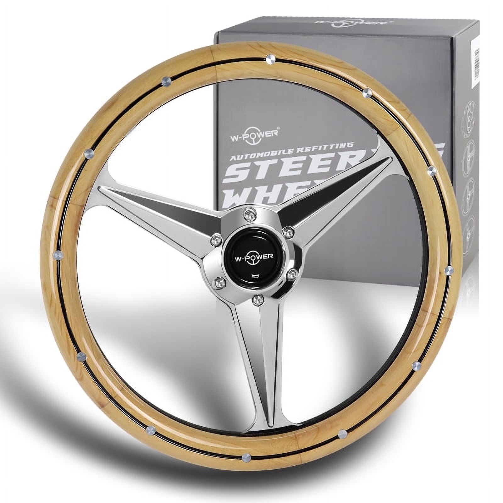 W-Power 14" Classic Oak Wood Grip 6-Hole Chrome 3-Spoke 350MM Steering ...