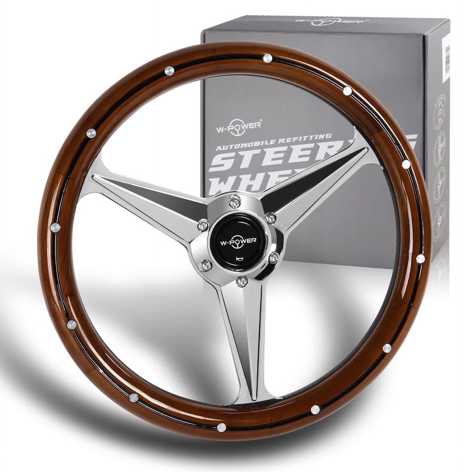 W-Power 14" Classic Real Dark Wood Grain Chrome 3-Spoke 350MM Steering ...