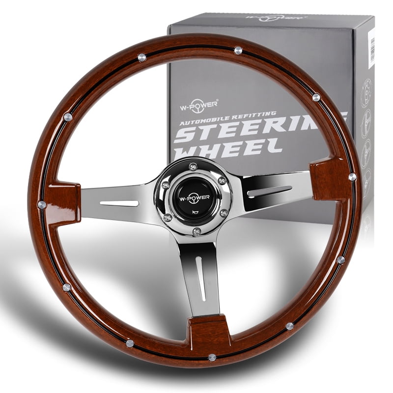 W-Power 14" Dark Classic Wood Grain 6-Hole 3-Spoke Chrome Center ...