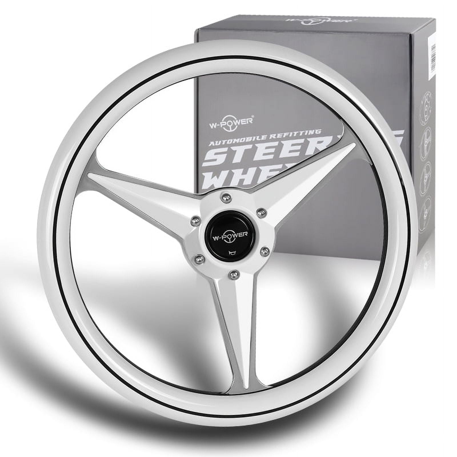 W-Power 14" White Wood Grain 6-Hole Chrome 3-Spoke Center 350MM ...