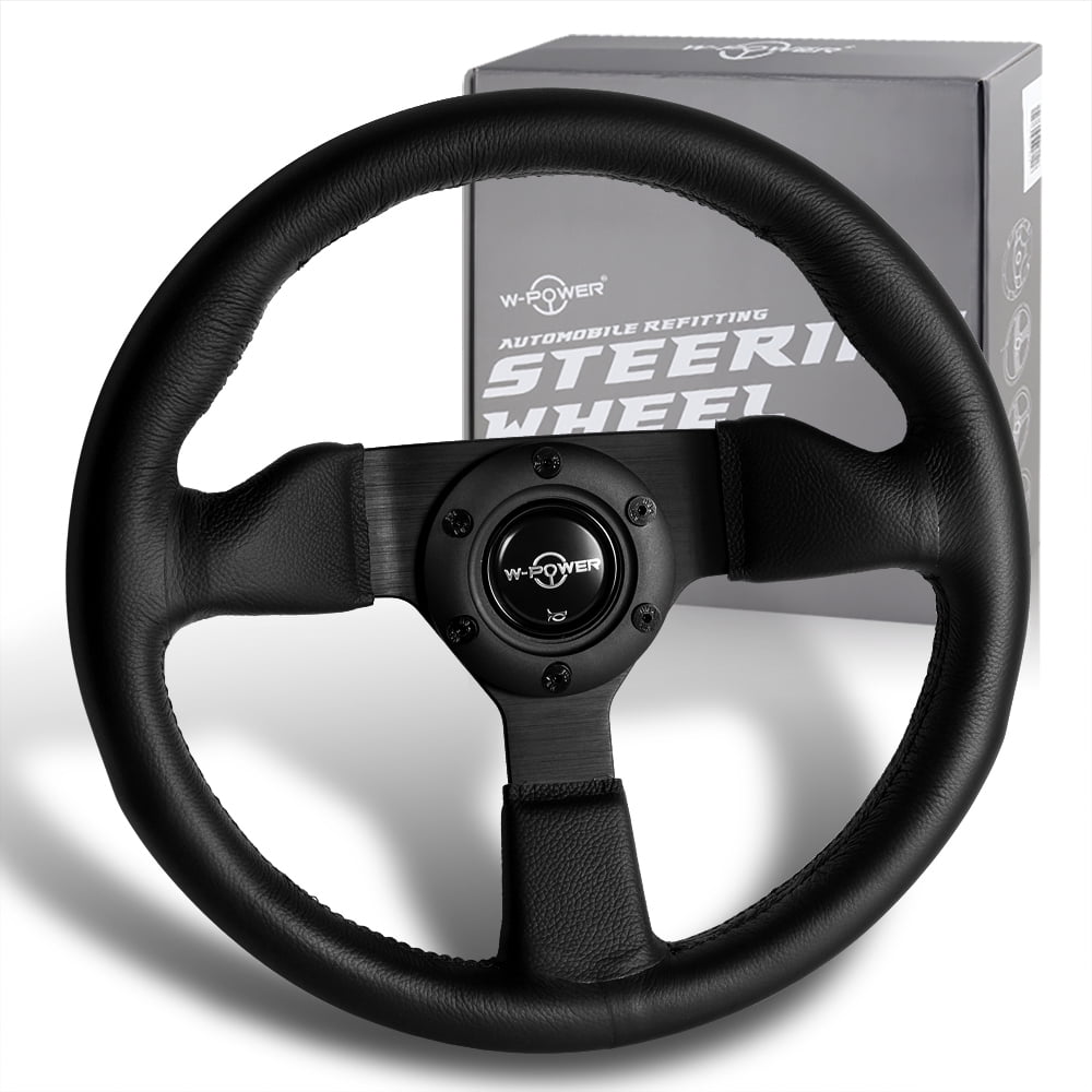 W-Power 305MM 12" Black Premium Leather Grip 6-Hole Black Spoke ...