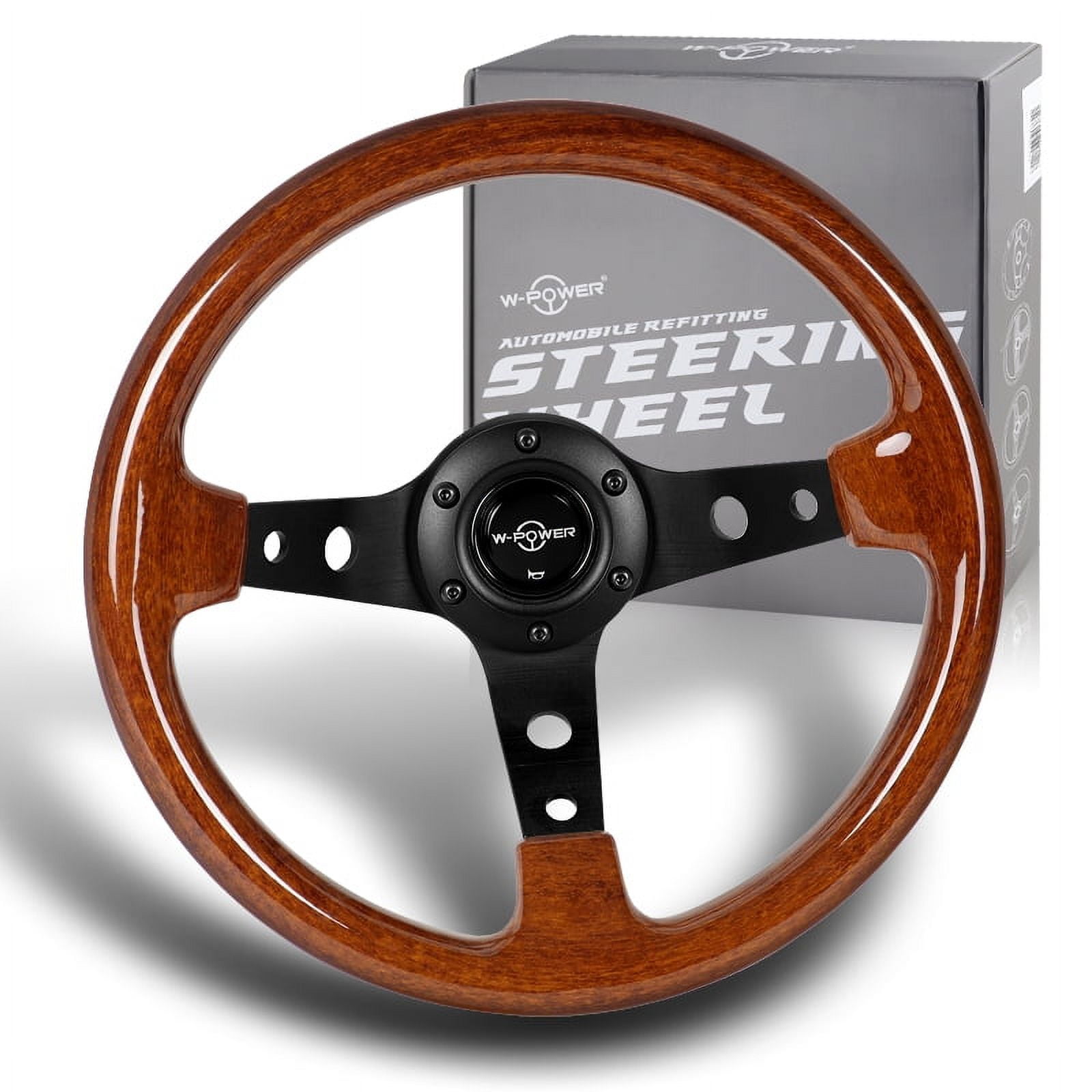 W-Power 330mm Classic Dark Brown Wood 6-Hole Black 3-Spoke 13" Steering ...