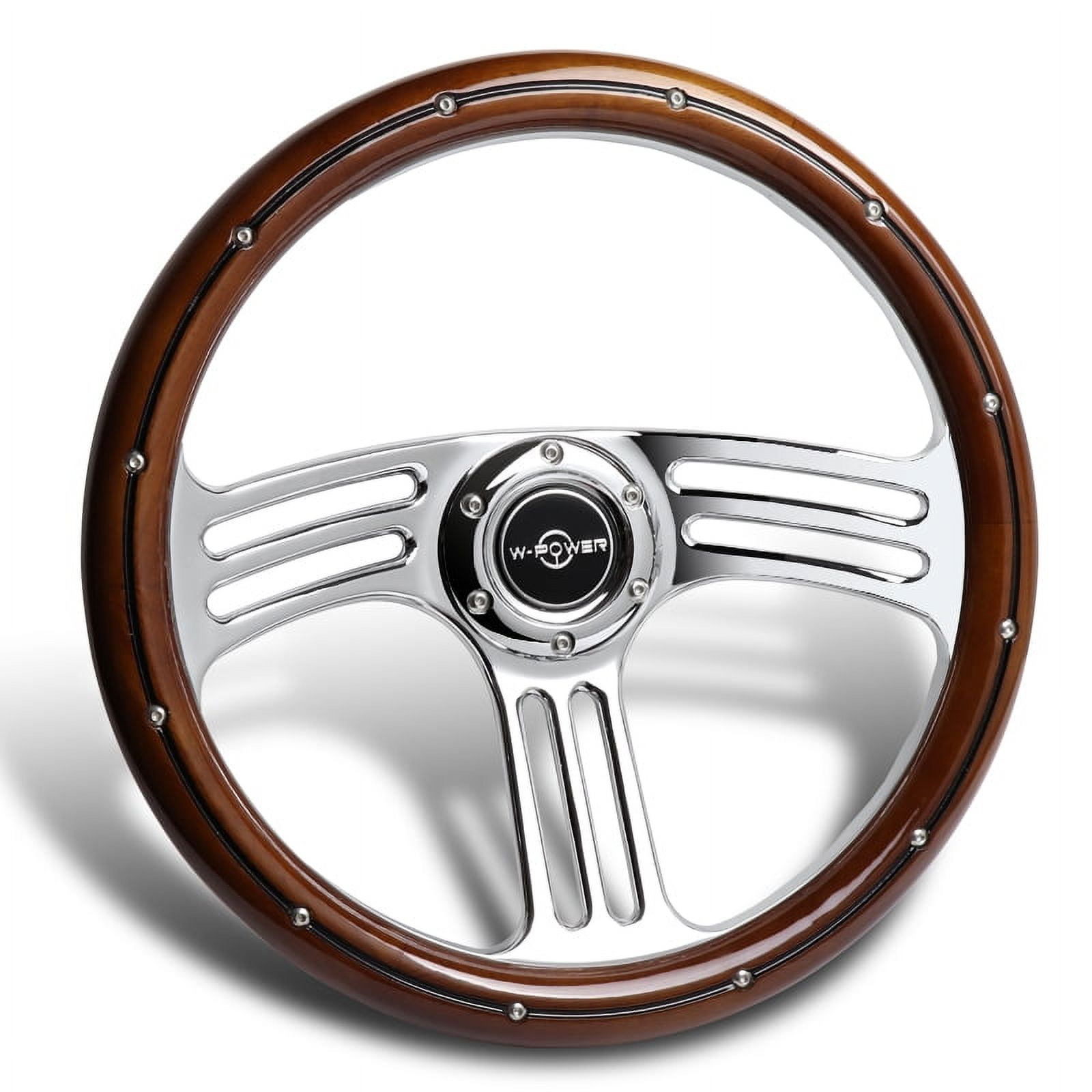 W-Power 350MM 14" Dark Wood Grip 6-Hole Chrome 3-Spoke Vintage Steering ...