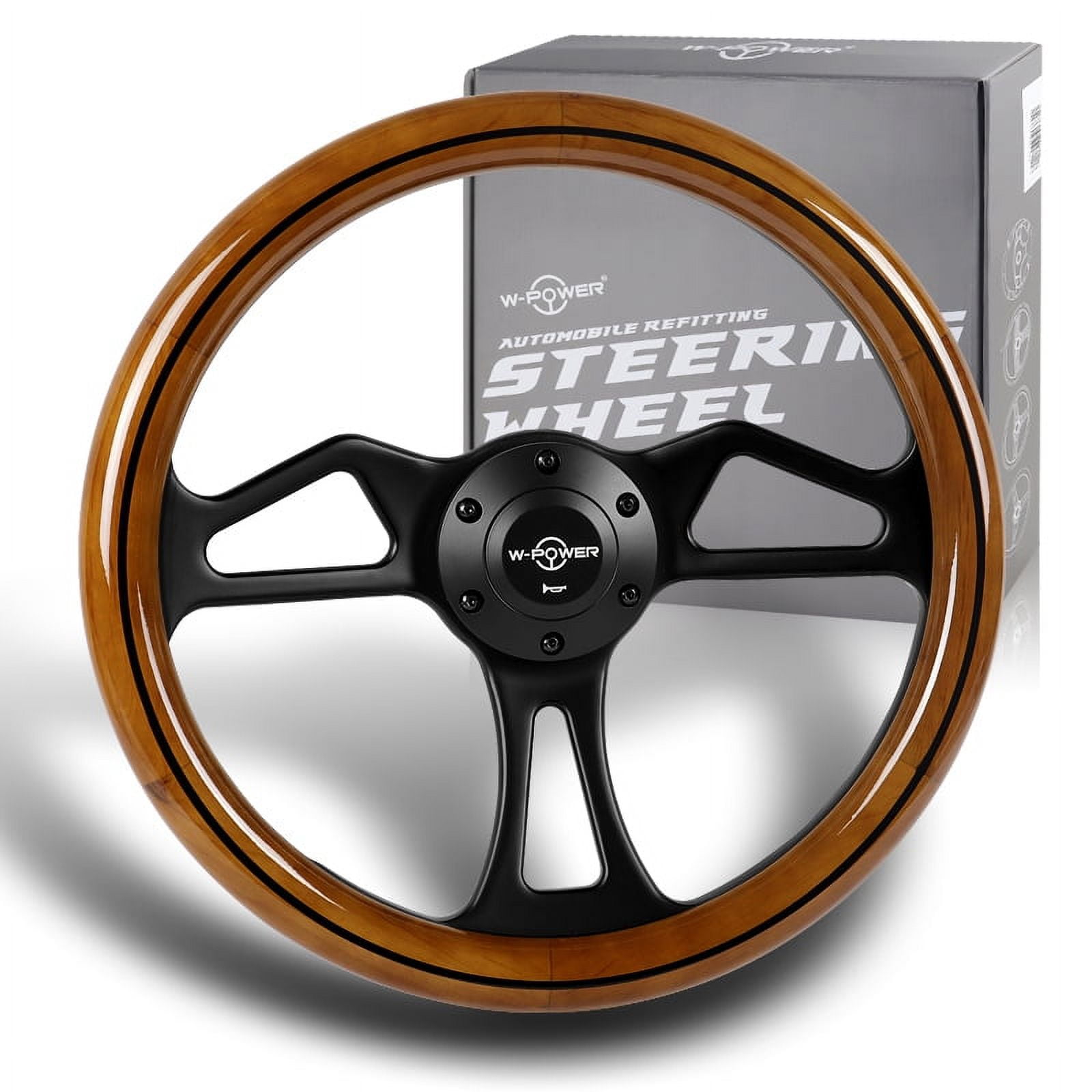 W-Power 350MM Classic Brown Wood Grain 6-Hole Black Spoke 14" Steering ...