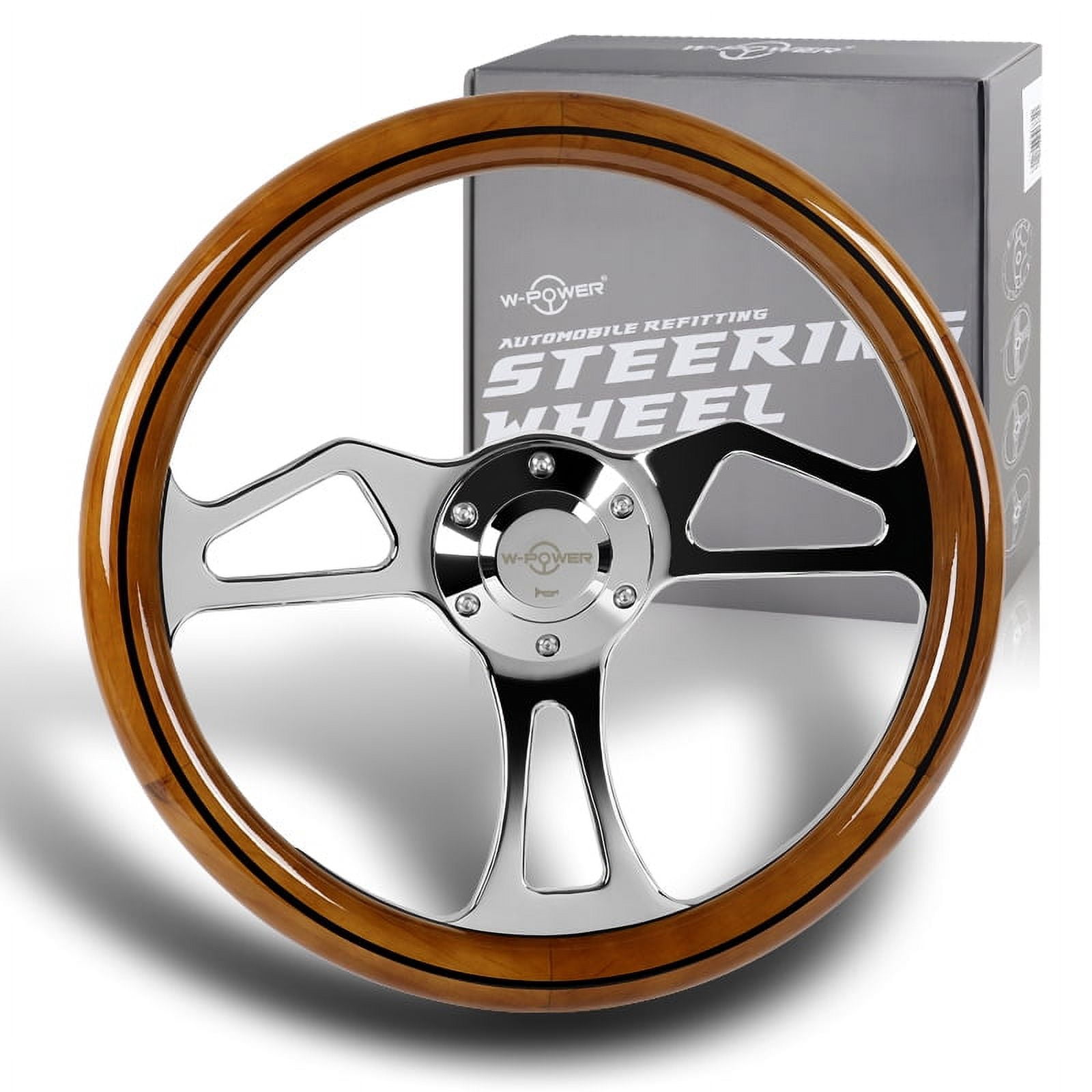 W-Power 350MM Classic Brown Wood Grain 6-Hole Chrome Spoke 14" Steering ...