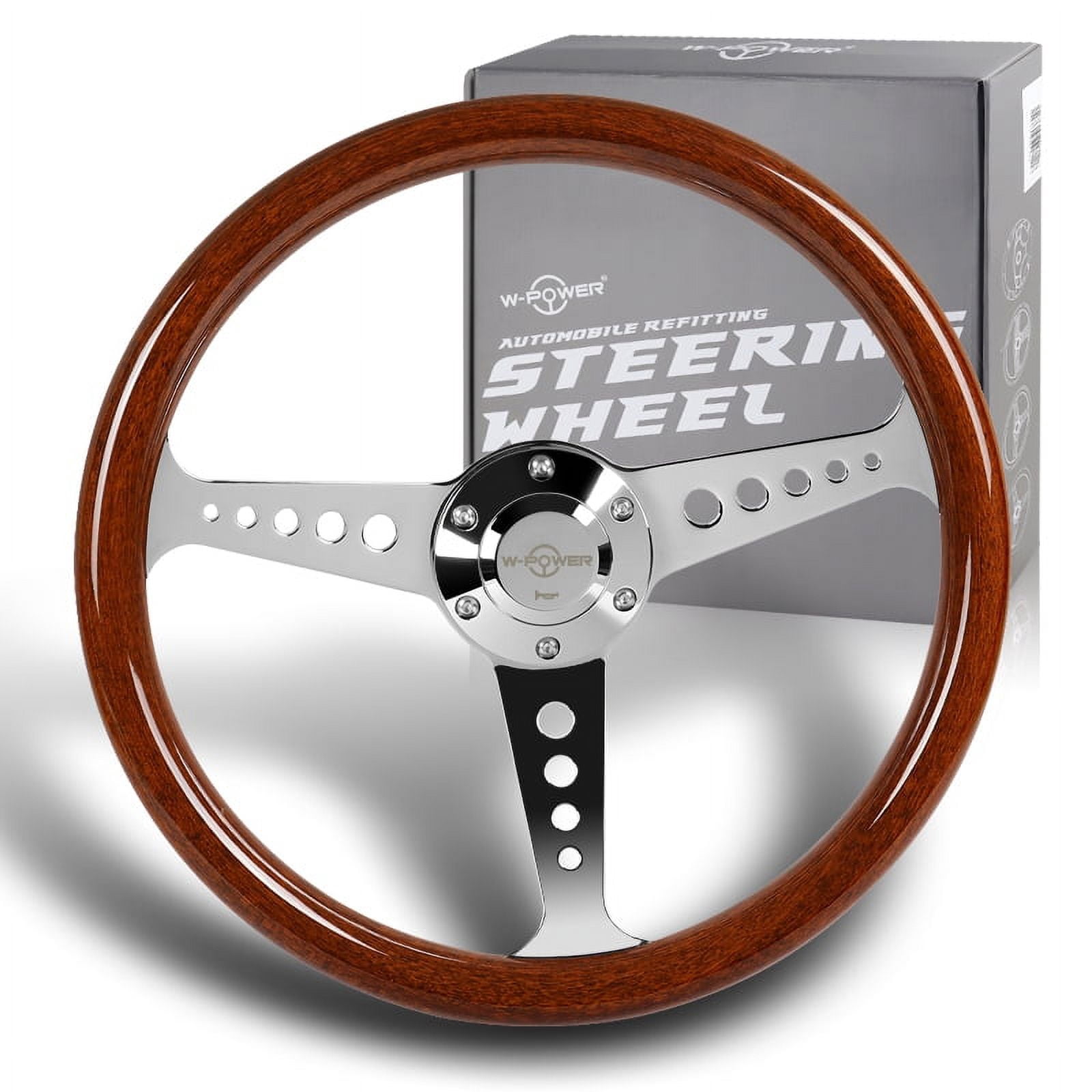 W-Power 350MM Classic Brown Wood Grain 6-Hole Chrome Spoke 14" Steering ...