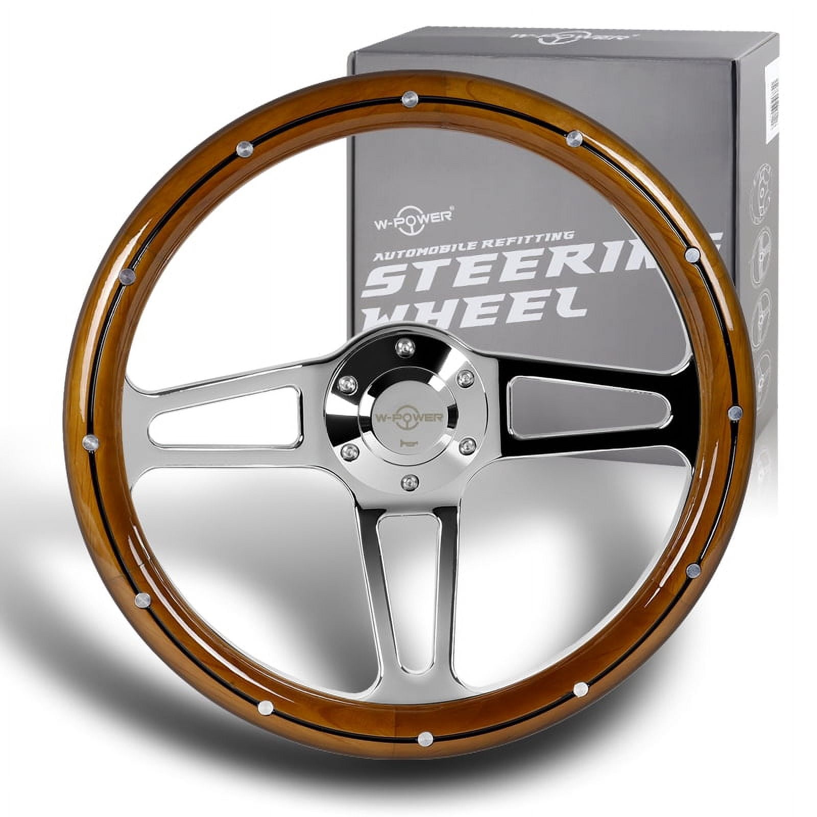 W-Power 350MM Classic Dark Wood Grip 6-Hole Chrome 3-Spoke 14" Steering ...