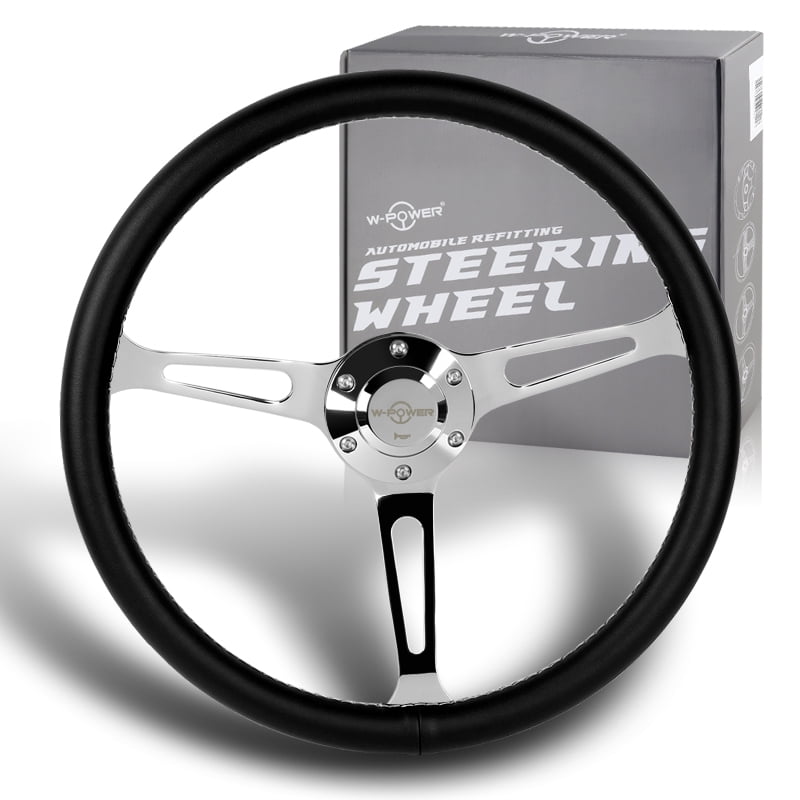 W-Power 380MM Black Leather White Stitch Chrome Spoke 15-Inch Steering ...
