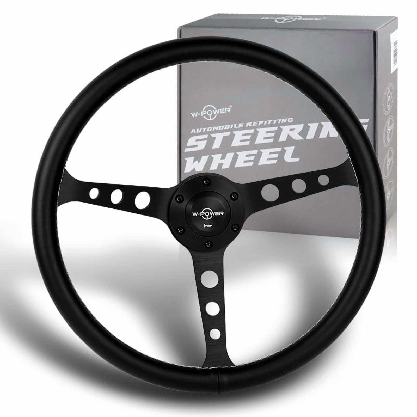 W-Power 380MM Black Leather White Stitch Matt Black Spoke 15-Inch ...