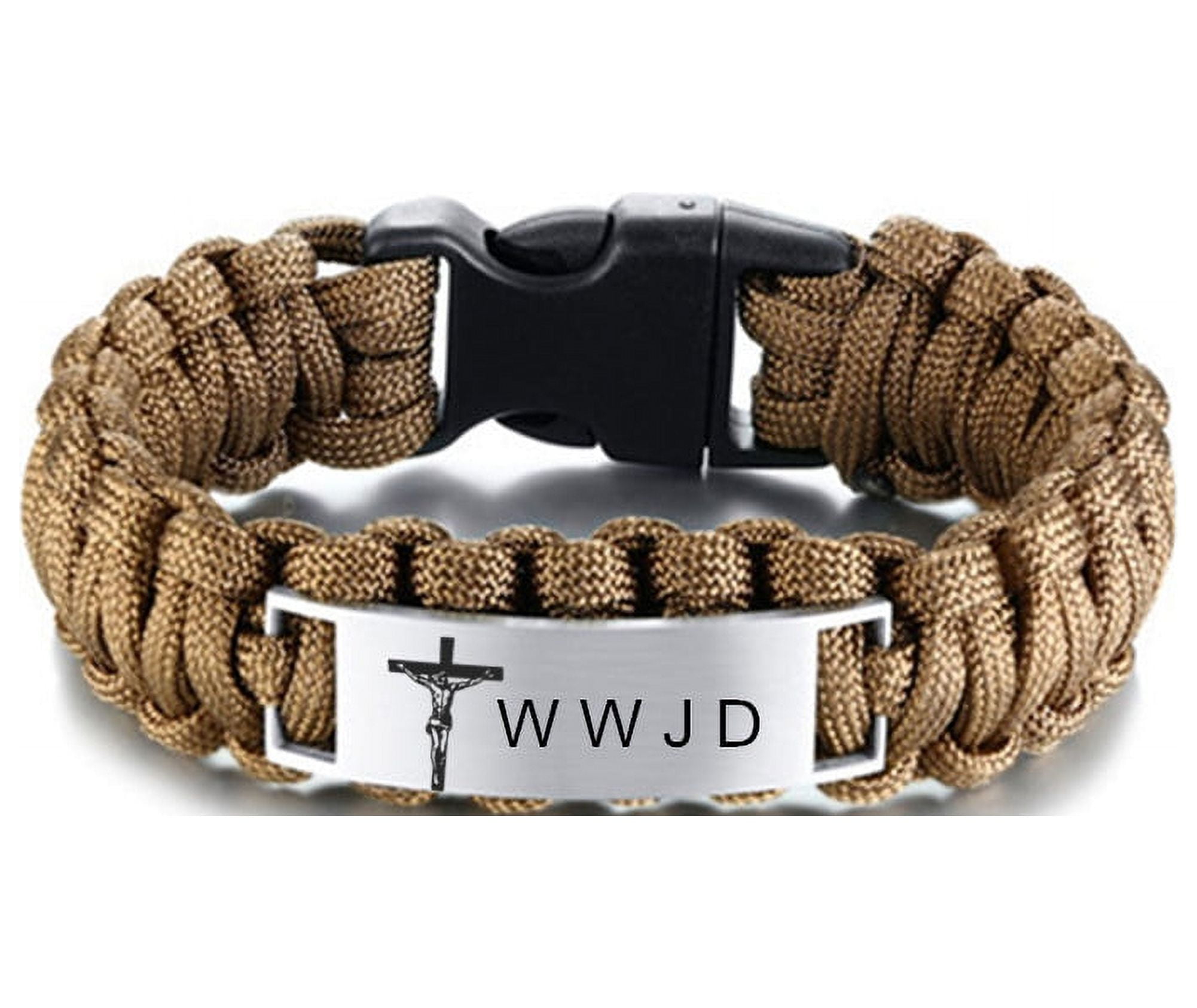 WWJD Men's Stainless Steel Paracord Bracelet, Cross Cuff Survival Charm ...