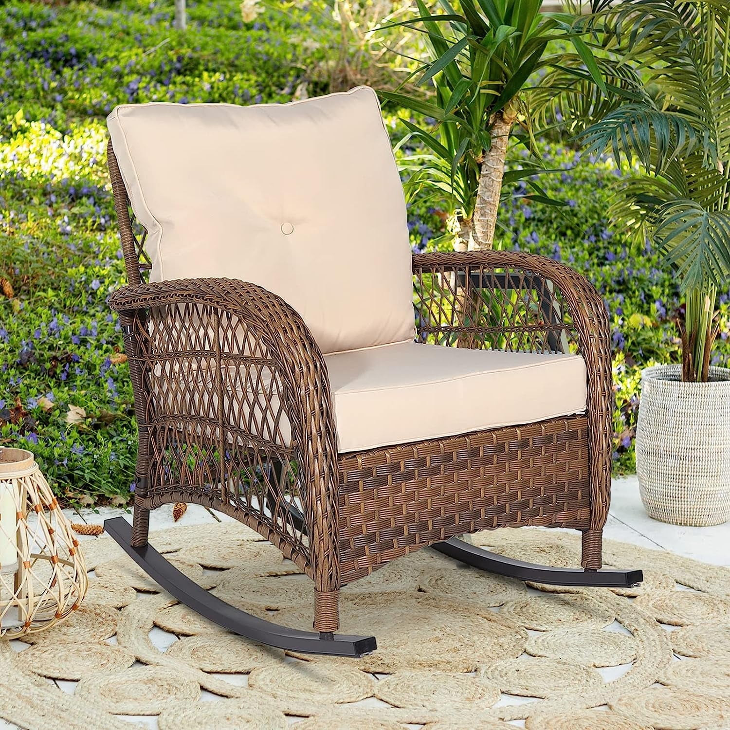 W WARMHOL Outdoor Wicker Rocking Chair, All-Weather Rattan Patio Rocker ...