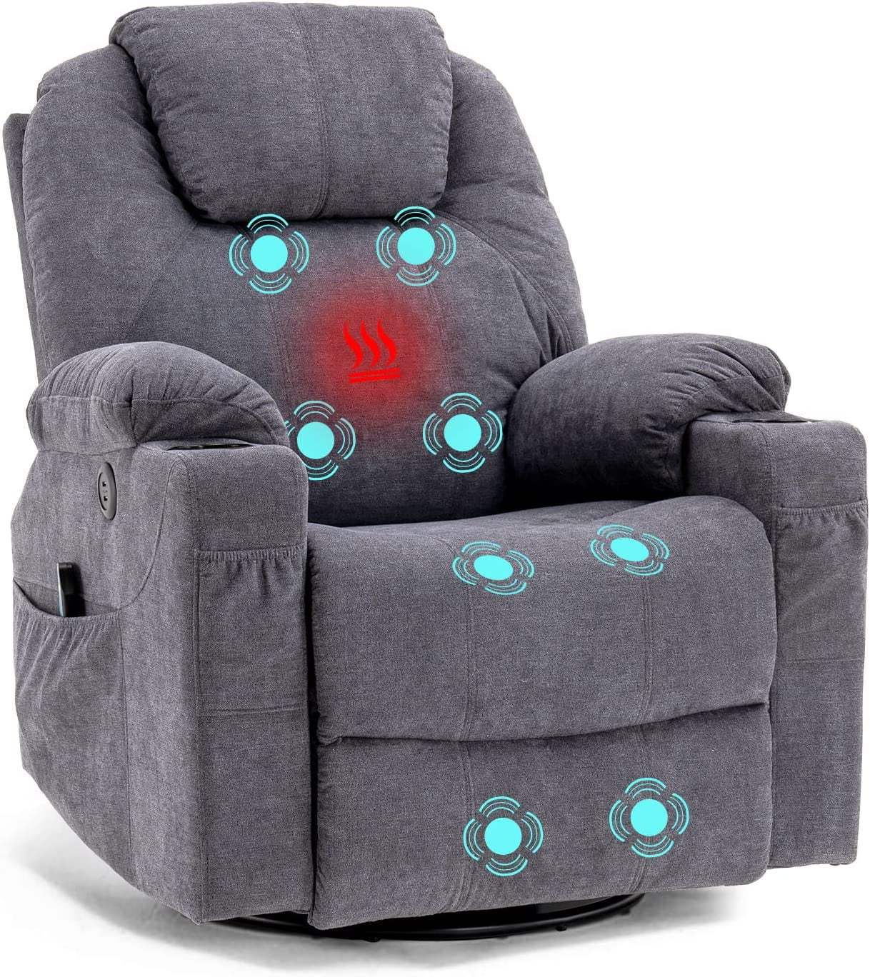 W WARMHOL Oversized Swivel Rocker Recliner - Heated Massage, USB Ports ...
