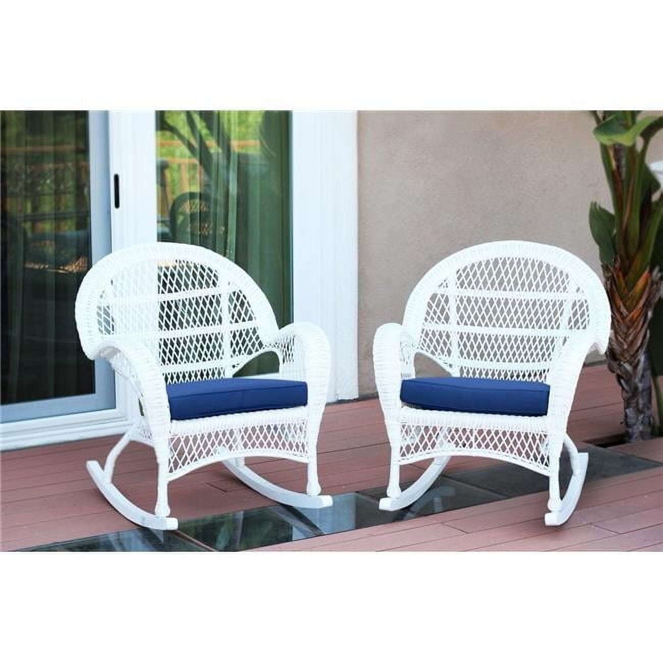 W00209-R-2-FS011-CS White Wicker Rocker Chair with Blue Cushion - Set ...