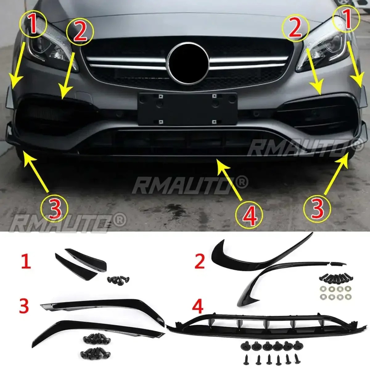 W176 7PCS Front Bumper Side Canards Splitter For Mercedes for Benz A ...
