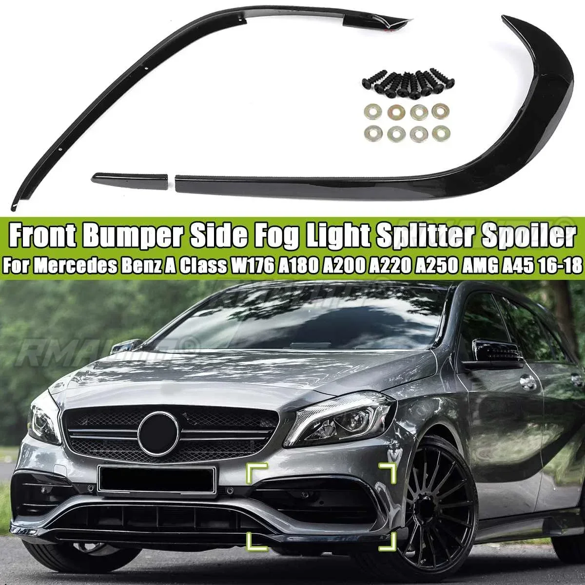 W176 Glossy Painted Front Lip with Side Splitter Canards Apron for Benz ...
