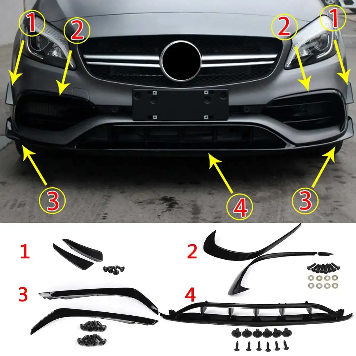 W176 Lip AMG Style Car Front Bumper Lip Spoiler Side Canards Body Kit ...