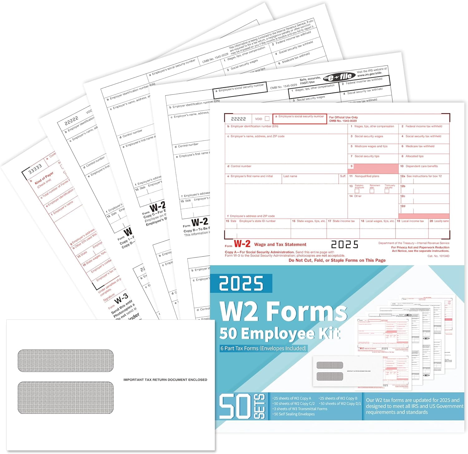 W2 Forms 2025 with Envelopes, 6 Part Kit, 50 Employee of Laser W2 Tax Forms 2025, 50 Self Seal ...